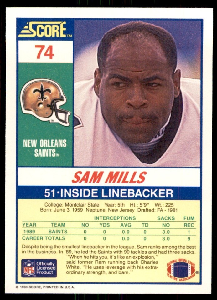 1990 Score Sam Mills New Orleans Saints #74 | eBay