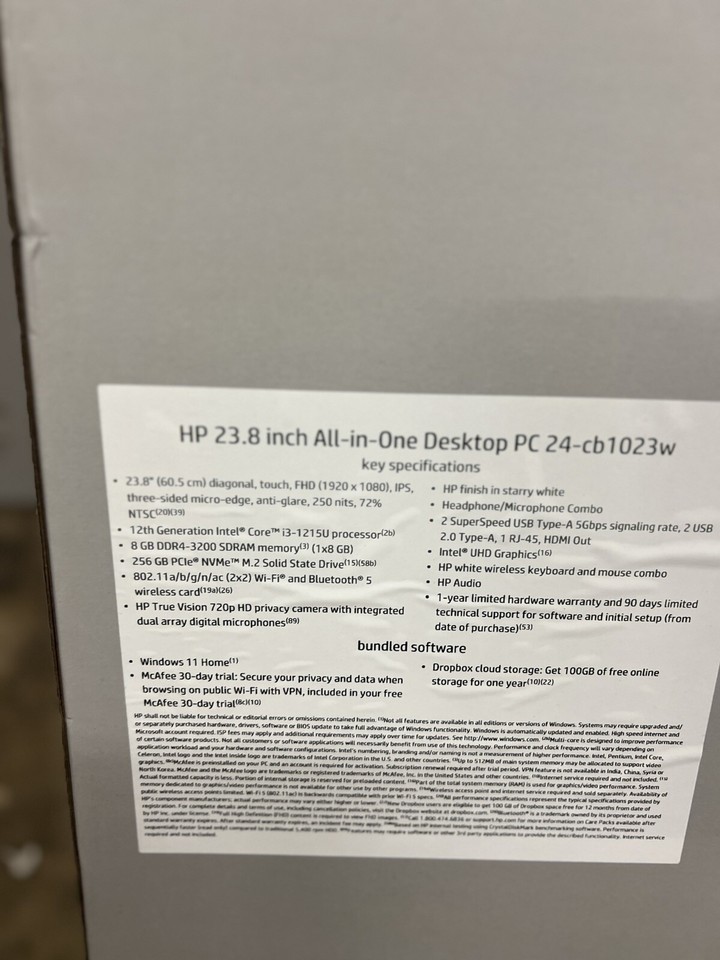 NEW HP 24” All In One Desktop PC 24-cb1023w 256GB 8GB Win 11 Home I3 ...