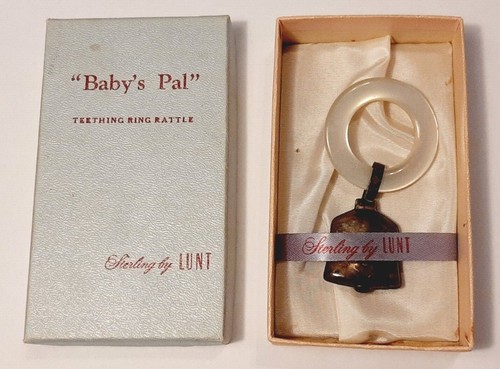 Vintage Lunt Sterling Silver Mother of Pearl Baby Rattle Teething Ring ...