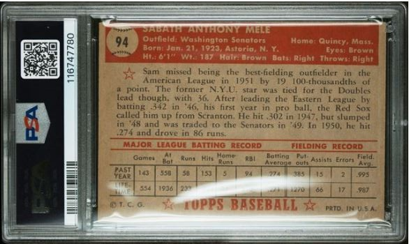 1952 Topps Sam Mele Signed Baseball Card #94 PSA 4 DNA 9 Auto Certified ...
