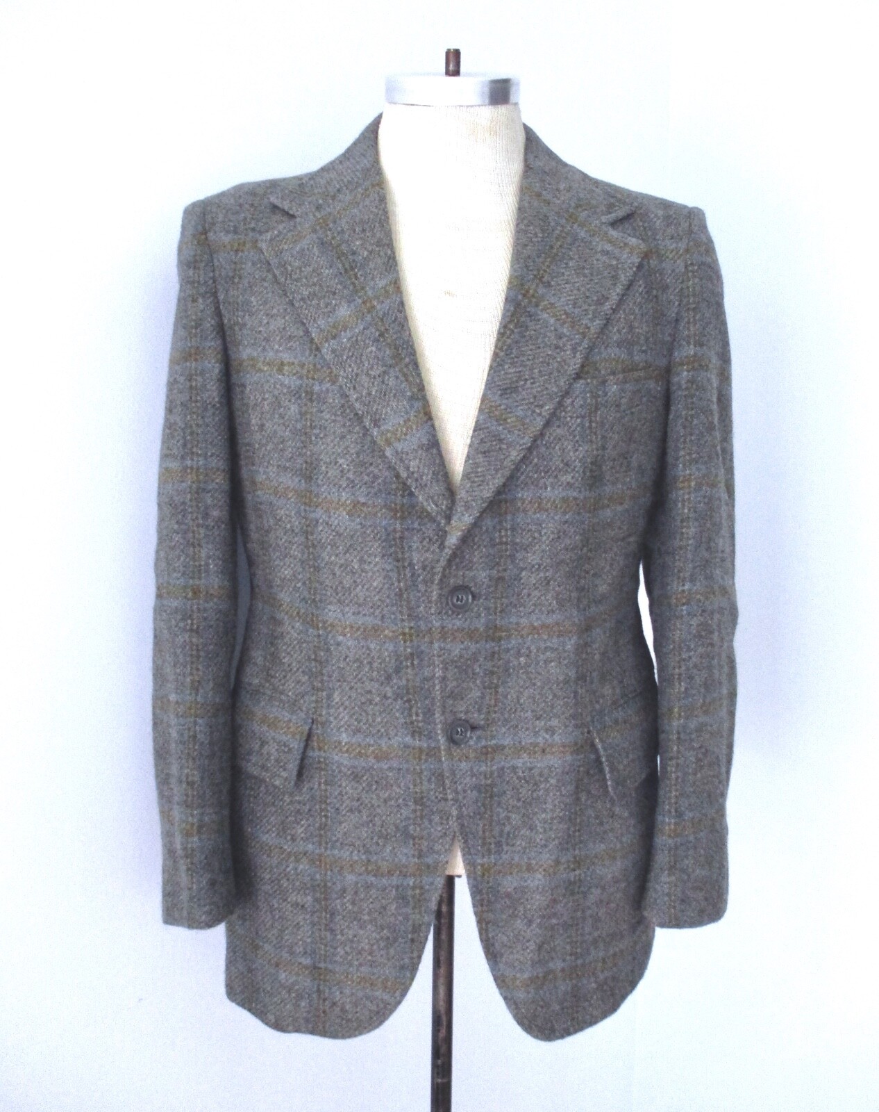 Vtg 60s Rat Pack Gray Blue Gold Plaid Wool Tweed Blazer Professor ...