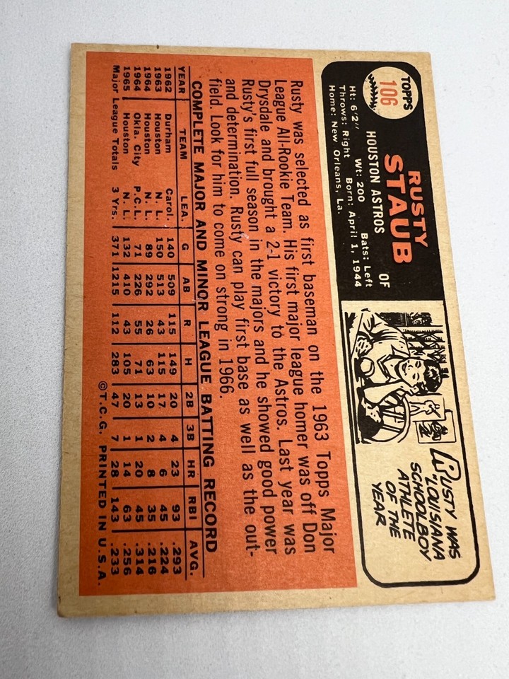 1966 Topps #106 - Rusty Staub HOUSTON ASTROS LEGEND BASEBALL CARD !! | eBay