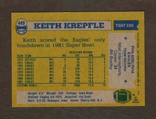 1982 Topps Football Card #449 Keith Krepfle - Philadelphia Eagles | eBay