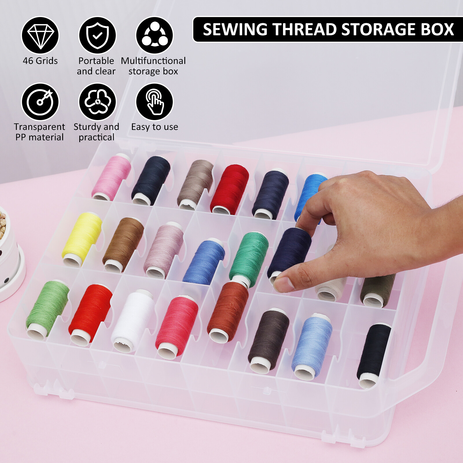 Thread Storage Box 46 Grids Double Sided Thread Organizer Clear Plastic ...