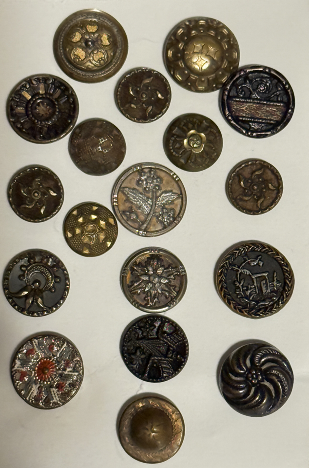 18 ANTIQUE small BUTTONS Victorian tinted, picture, brass, loop ...