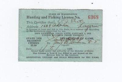 1938 Hunting And Fishing License State Of Washington | eBay