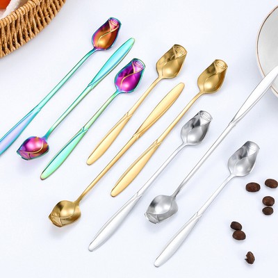 2PCS Coffee Spoon Stainless Steel Teaspoons Rose Flower Shaped Scoop ...