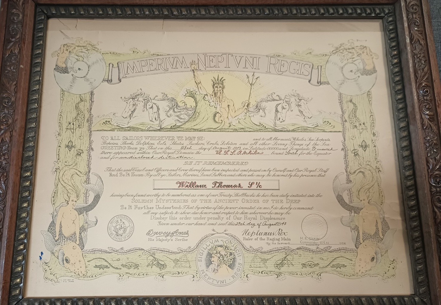 U.S.N.: "Shellback": 15 x 20, Certificate (Personalized) 1943 | eBay