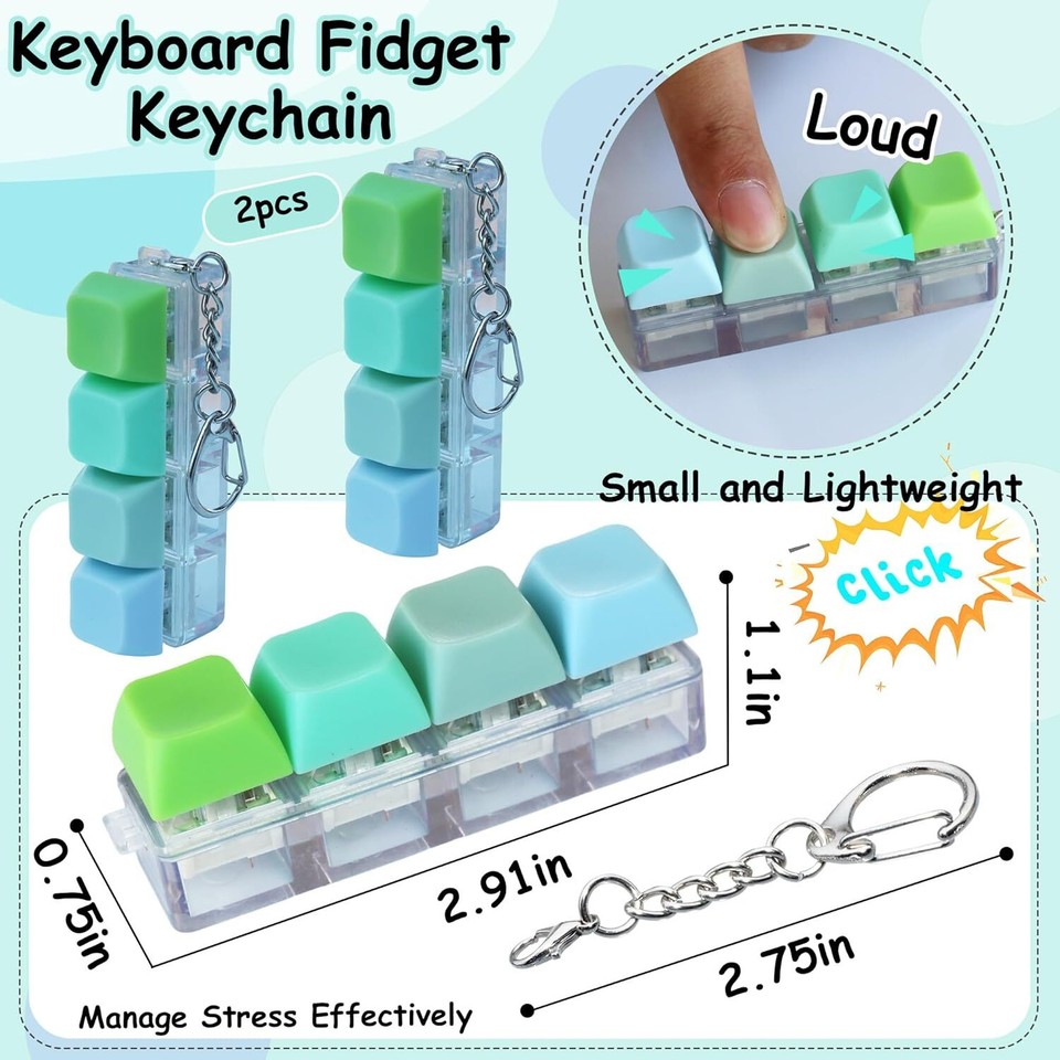 2 PCS Keyboard Fidget Toy, Keyboard Fidget Keychain 4-in-1 Keyboard ...