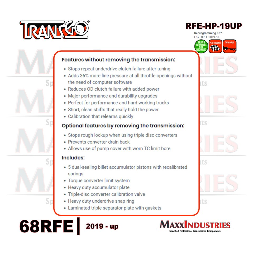 68RFE Valve Body Repair Kit 2019-on TransGo Tuneless Technology (RFE-HP ...