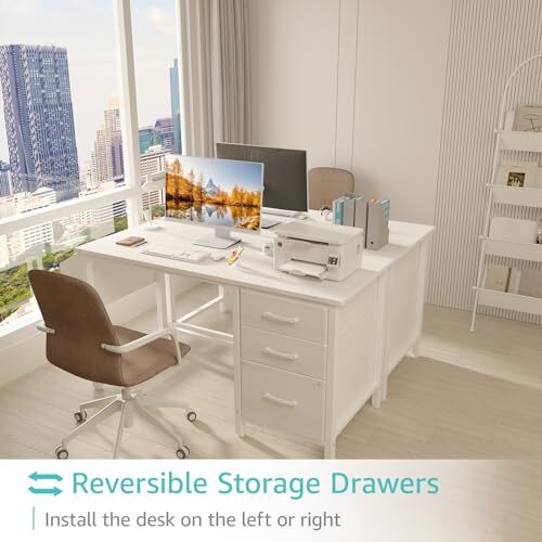 White Computer Desk with Fabric File Drawers Cabinet, 47 Inch Home ...
