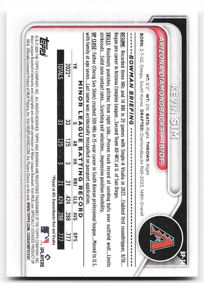 🔥 2024 Bowman #BP-34 Kevin Sim Prospects | eBay