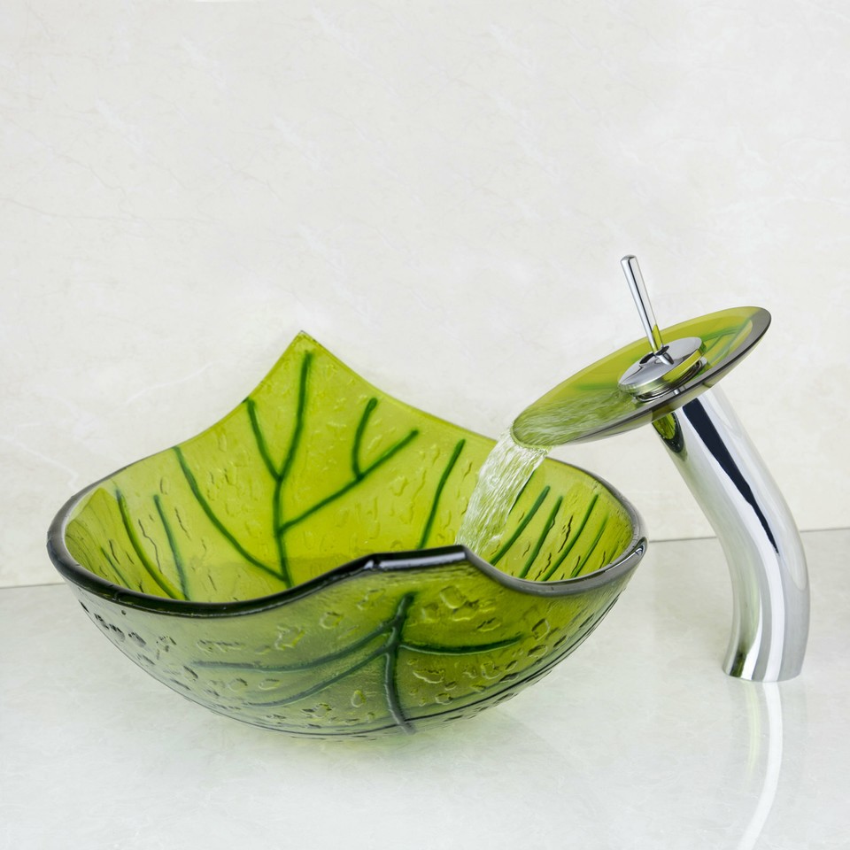 US Bathroom Green Leaf Glass Vessel Basin Sink Bowl Waterfall Faucet ...