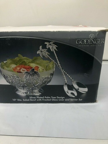 GODINGER SILVER ART CO SILVER PLATED PALM TREE DESIGN SALAD BOWL SERVER ...