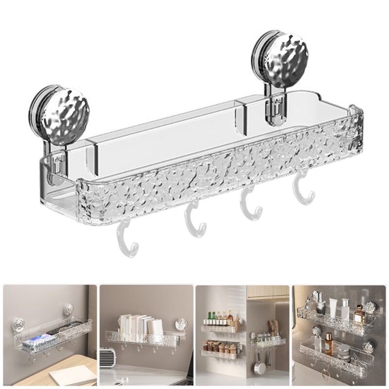 Compact Suction Cup Storage Rack with 4 Hooks Space Saving Shelf for ...