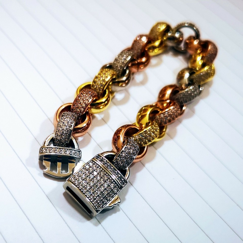 Custom Heavy Tri Color Belcher Bracelet 8" length 18ct Rose 18ct Gold ...