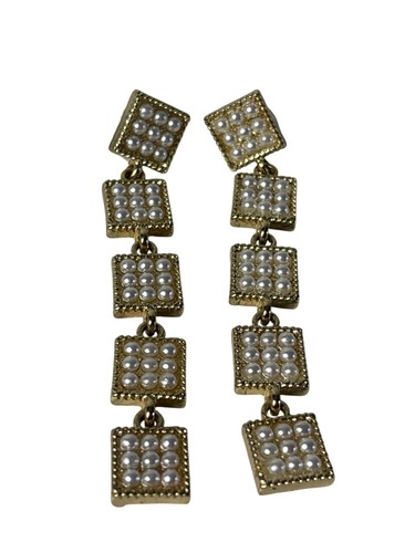 Goldtone Square Dangle Drop Earrings With Faux Pearl Accents 2.75 ...