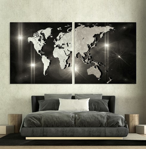 World Map Abstract Canvas Picture Set Black White Gray Modern Painting ...