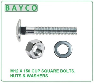 CUP SQUARE BOLT M12 X 150MM WITH NUTS & WASHERS CARRIAGE COACH BOLT ...