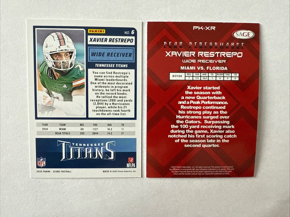 *2* Xavier Restrepo 2025 Rookie Score & Peak Performance Sage Titans WR ...