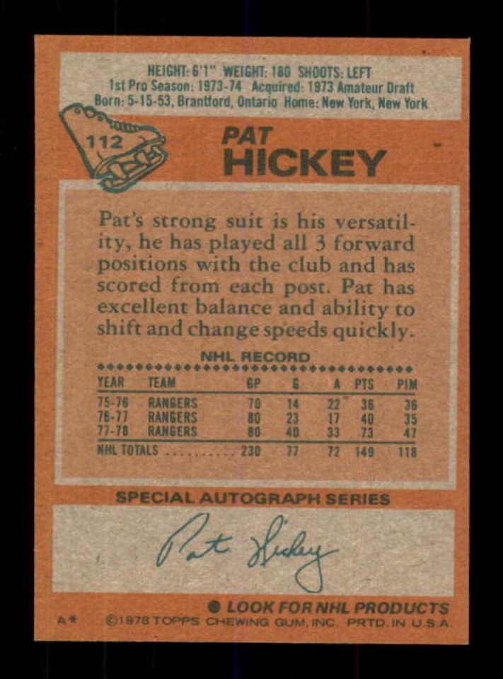1978-79 Topps #112 Pat Hickey NM/NM+ NY Rangers 540923 | eBay