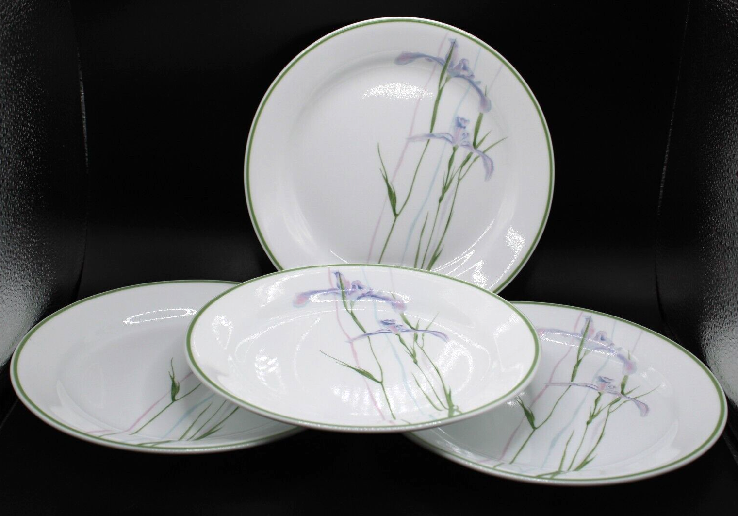 CORELLE 7” SALAD DESSERT BREAD PLATE SET of 4 SHADOW IRIS Green Rim w ...