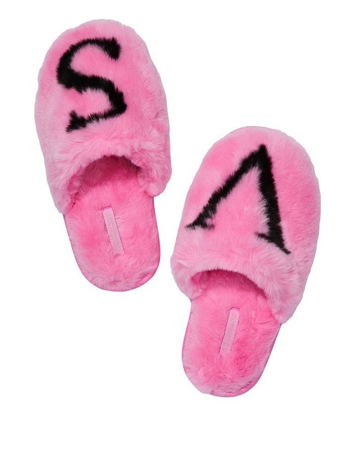 VICTORIA'S SECRET SOFT PLUSH CLOSED TOE FAUX FUR PINK VS LOGO SLIPPERS ...
