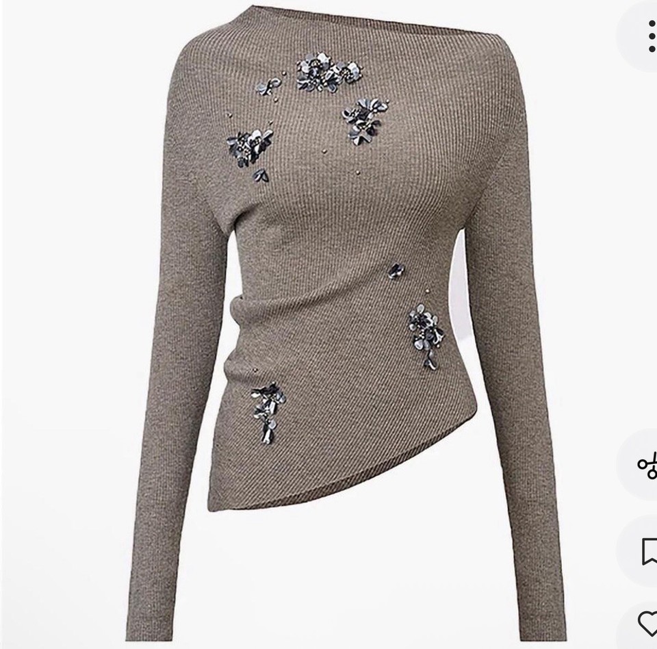 NWT Commense khaki Tan Asymmetrical Sweater With Floral Embellishments ...
