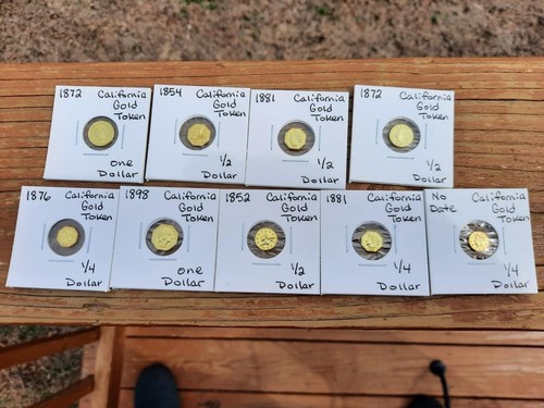 LOT OF 9 CALIFORNIA GOLD TOKENS FRACTIONALS 1852, 1854, 1881, 1872 ...