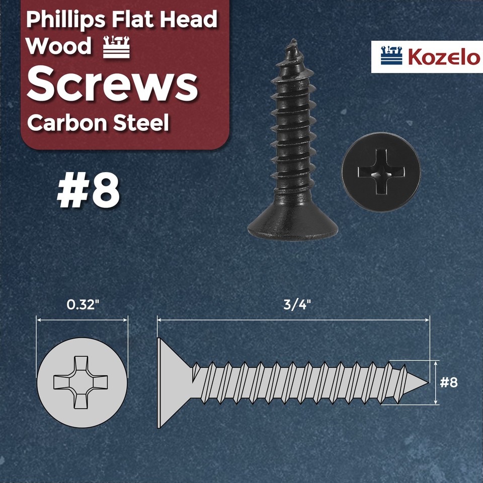 300pcs Phillips Flat Head Wood Screws - [#8x3/4"] Carbon Steel, Black ...