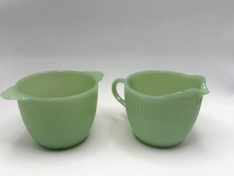 Vintage MCM Anchor Hocking Fire King Jadeite Jane Ray Sugar Creamer Set ...
