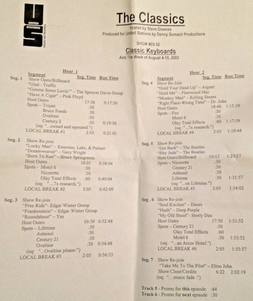 RADIO SHOW 8/4/03 CLASSICS KEYBOARDS: BEATLES SET, TRAFFIC, EDGAR ...