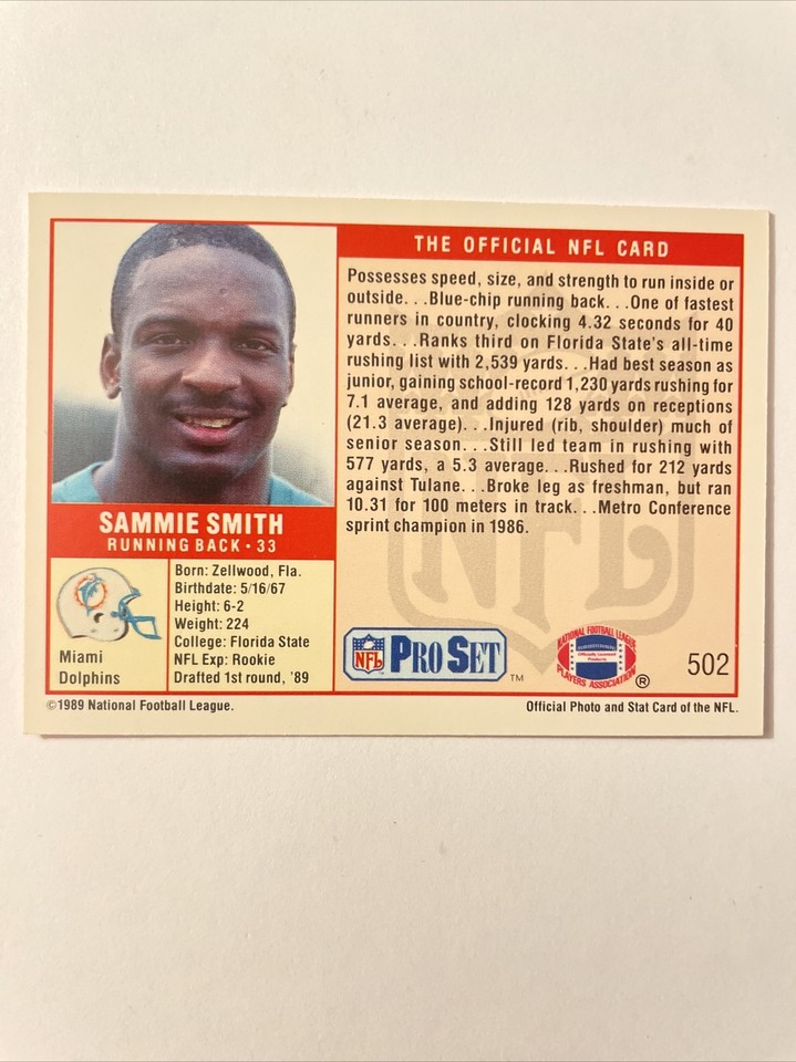 1989 Pro Set. Sammie Smith Football Cards #502 Miami Dolphins NFL Mint ...