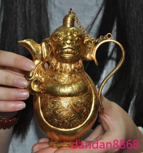 China Ancient dynasty bronze 24k gold gilt fengshui beast Wine Tea Pot ...