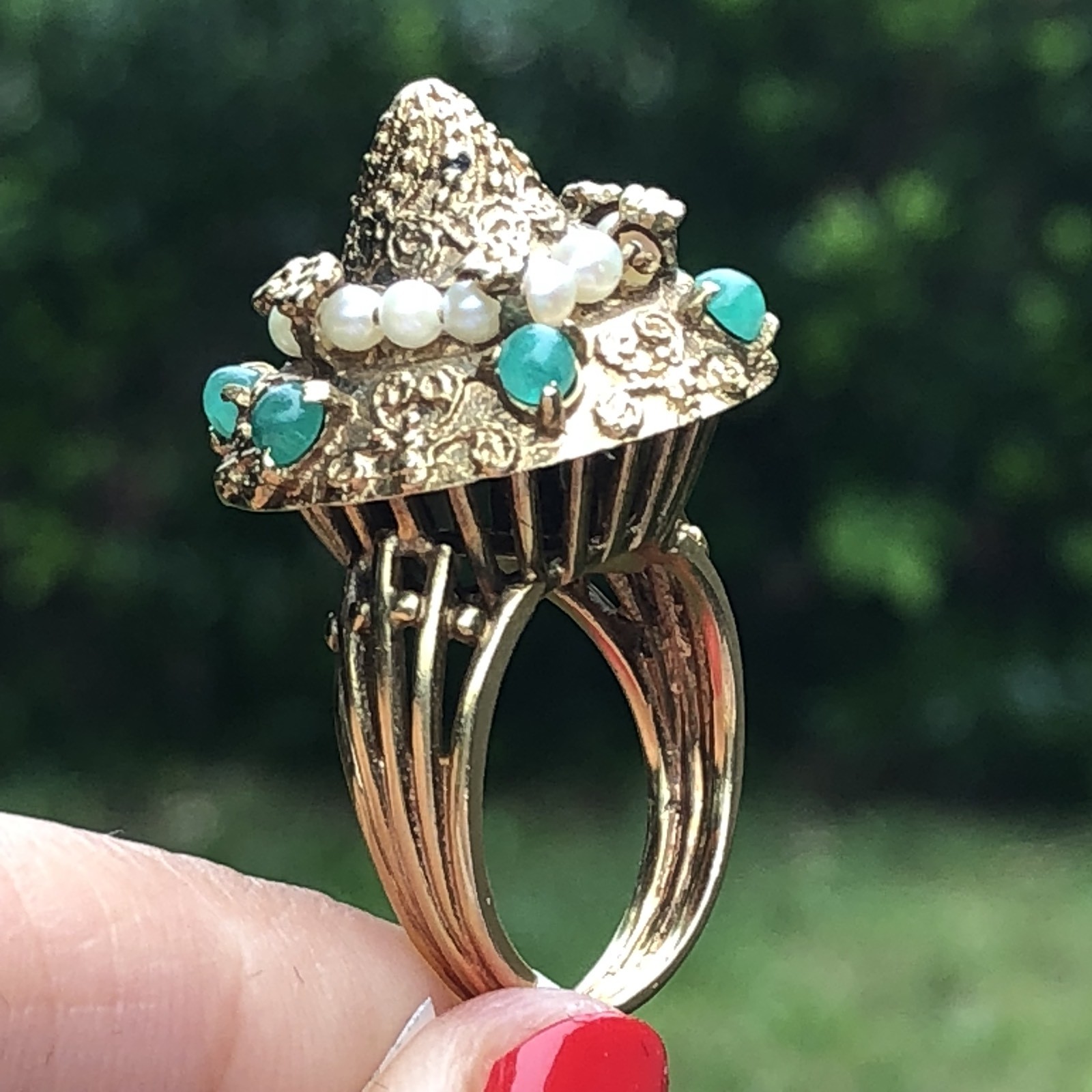 Etruscan Revival 14K Yellow Gold Seed Pearl Emerald Cab Thai Princess ...