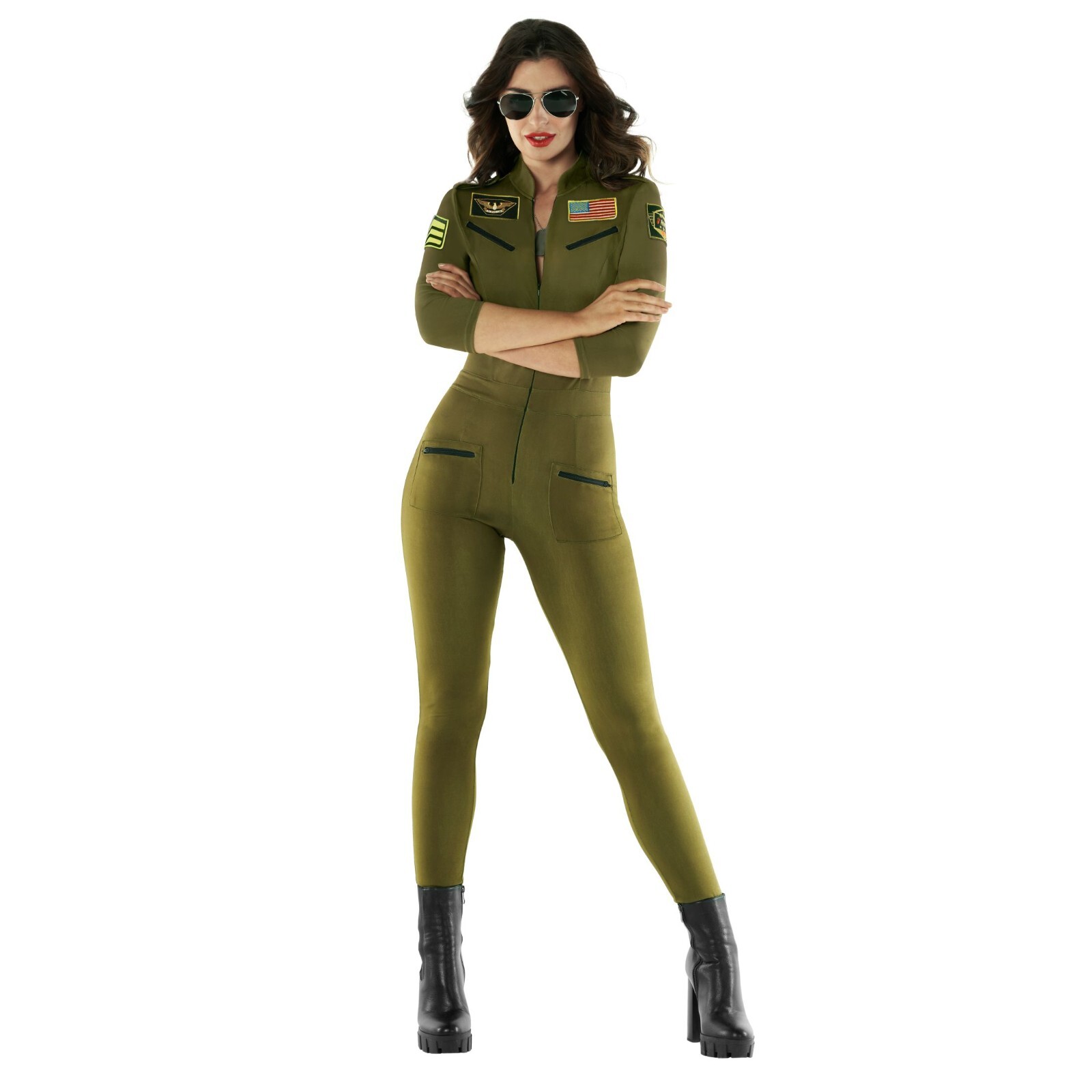 Womens Pilot Costume Ladies Green Aviator Military Flight Suit ...
