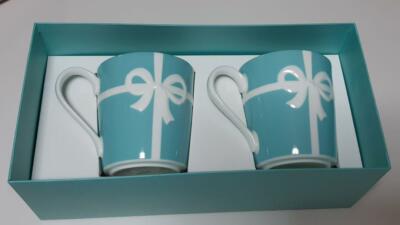TIFFANY&Co. pair mug Embossed Bow Blue White Ribbon Bone w/BOX gift | eBay