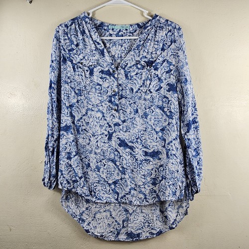 Maurices Button Front Tunic Top Roll Tab Sleeves Blue White Paisley Women's XS | eBay