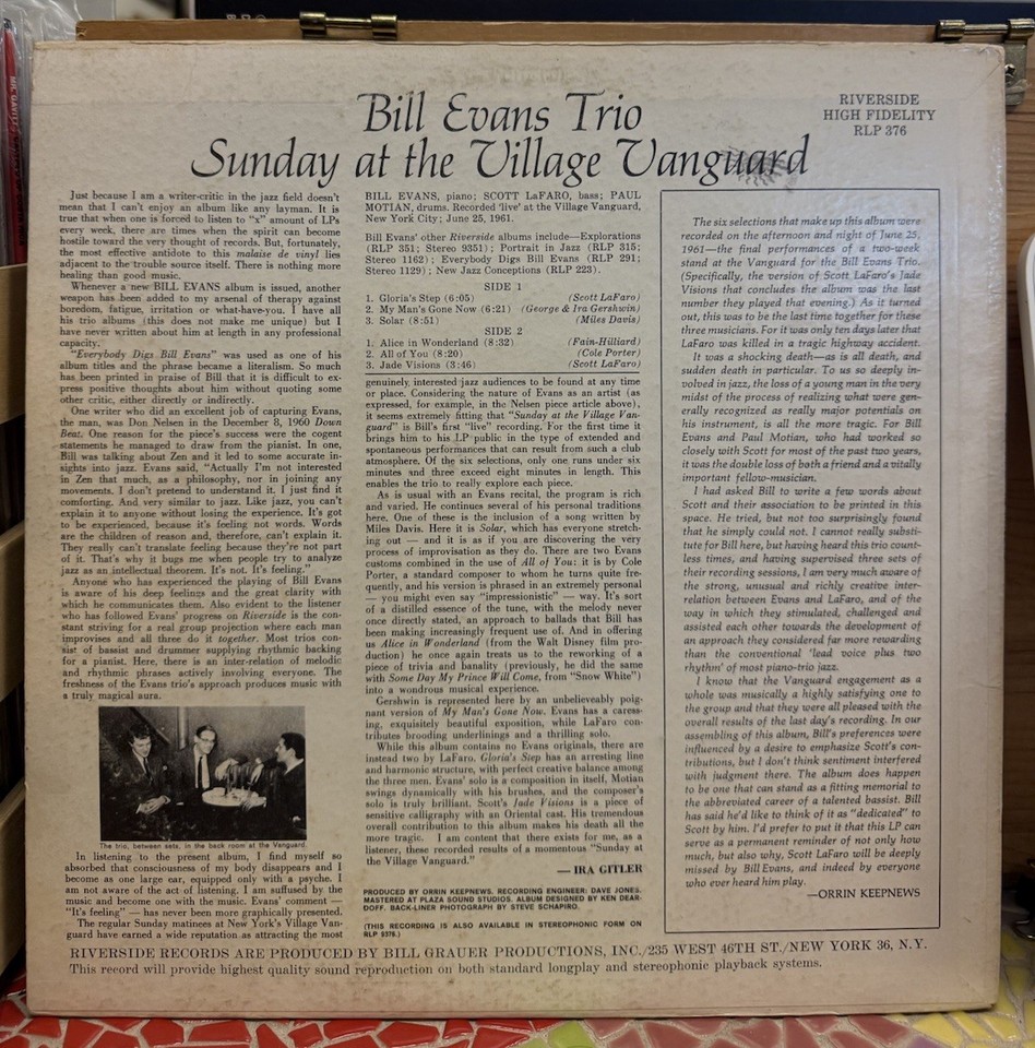 Bill Evan’s Trio Sunday At The Village Vanguard 1966 Riverside Jazz LP ...