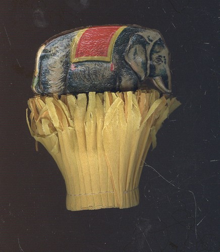 OLD GERMANY MARKED CREPE PAPER CANDY OR NUT HOLDER, CARDBOARD ELEPHANT ...