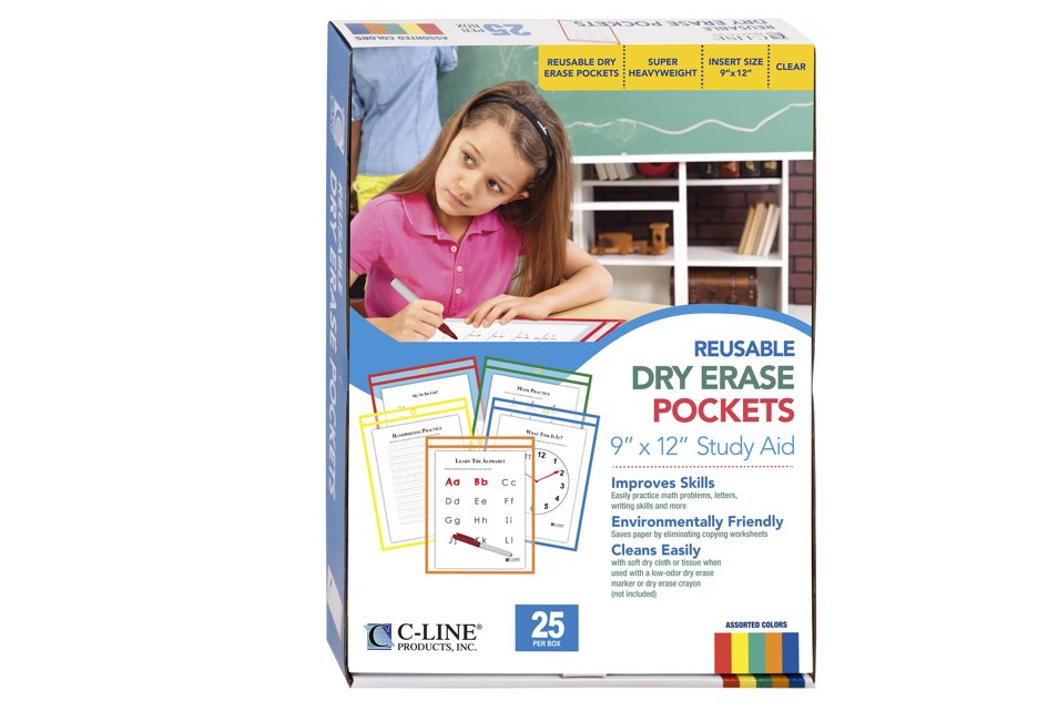 C-Line Reusable Dry Erase Pockets, 9 X 12, Assorted Primary Colors, 25 ...
