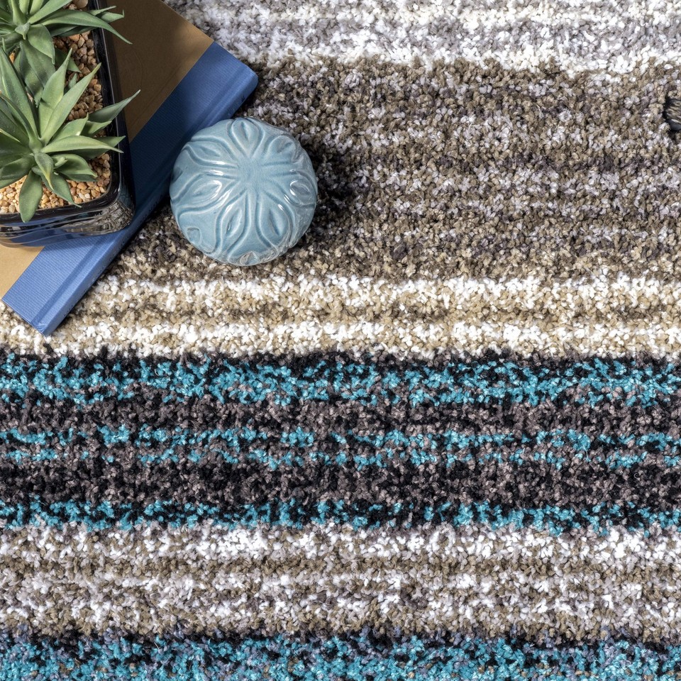 Drey Striped Shag Area Rug - 4 Square Accent Shag Rug Casual Blue Multi ...