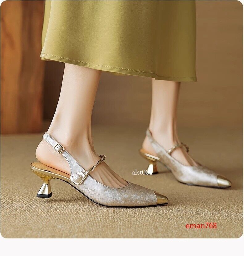 Women Chinese Style Pointed Toe Sandals Summer Kitten Heel Slingback ...