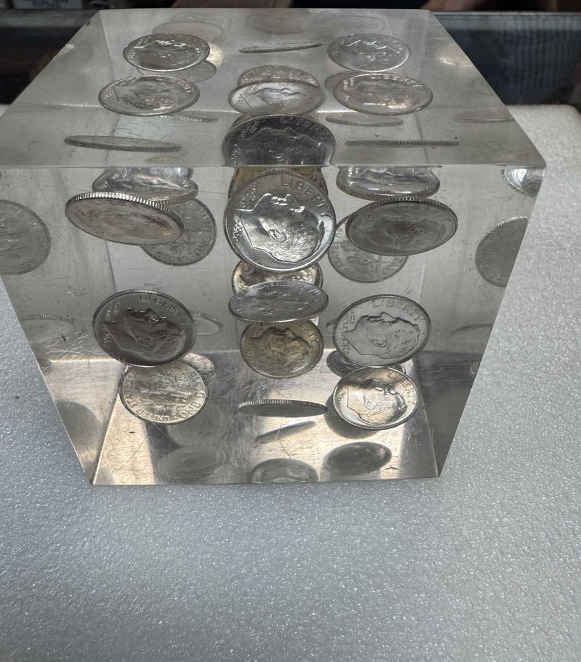 Vintage 1963 Silver Roosevelt Dime floating Coin Lucite Cube ...