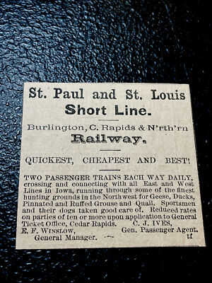 ORIGINAL 1877 St. Paul & St. Louis Short Line Railroad Train ...