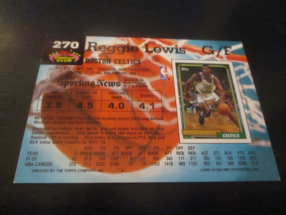 REGGIE LEWIS (boston celtics - g/ f) 1992/93 stadium club card #270 ...