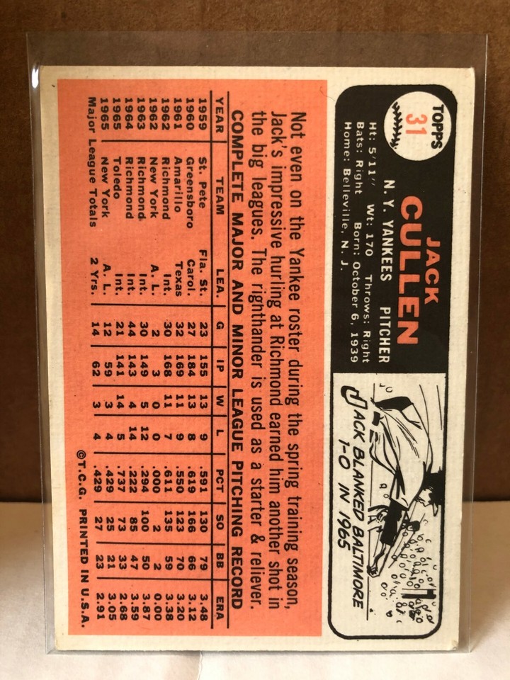 1966 TOPPS BASEBALL JACK CULLEN #31 NEW YORK YANKEES | eBay