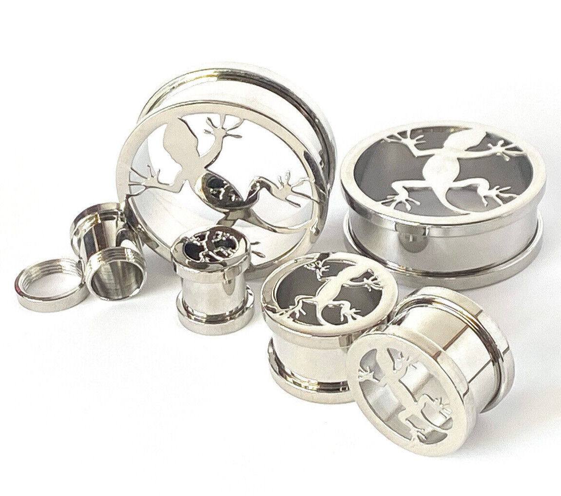 PAIR Lizard Steel Screw Fit Tunnels Plugs Earlets Gauges Gecko Body ...