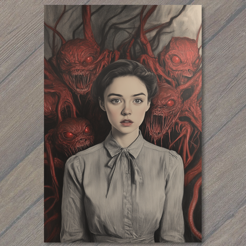 Art Print Innocent Woman Red Demons Surrounding Horror Contrast Creepy ...