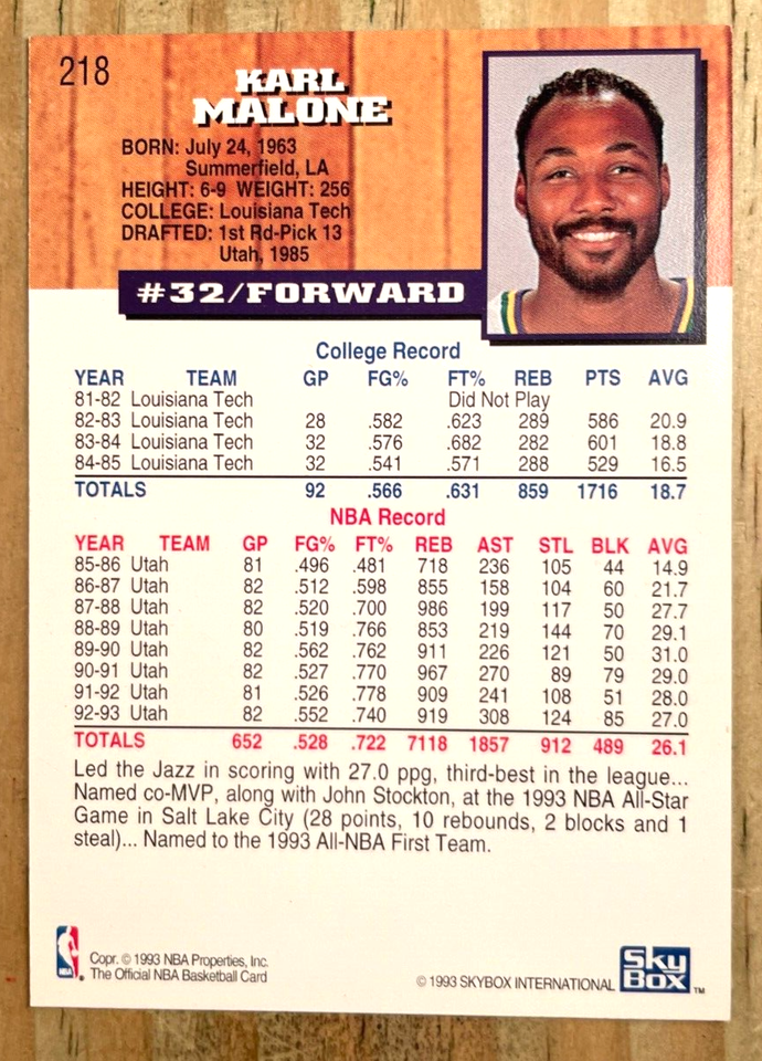 1993-94 NBA HOOPS KARL MALONE CARD#218 NM-MT UTAH JAZZ LAKERS HALL OF ...